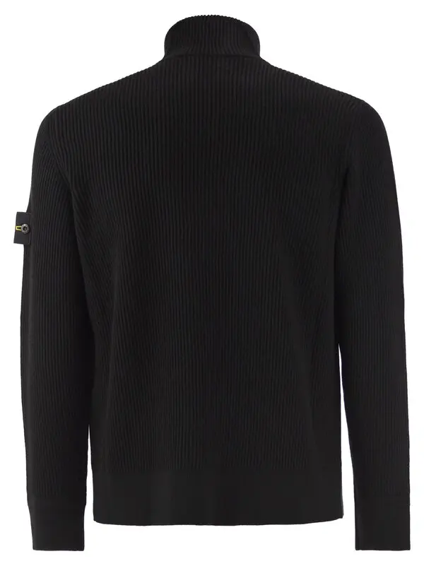 Stone Island Virgin Wool Ribbed High Neck Zip-up Cardigan - Black