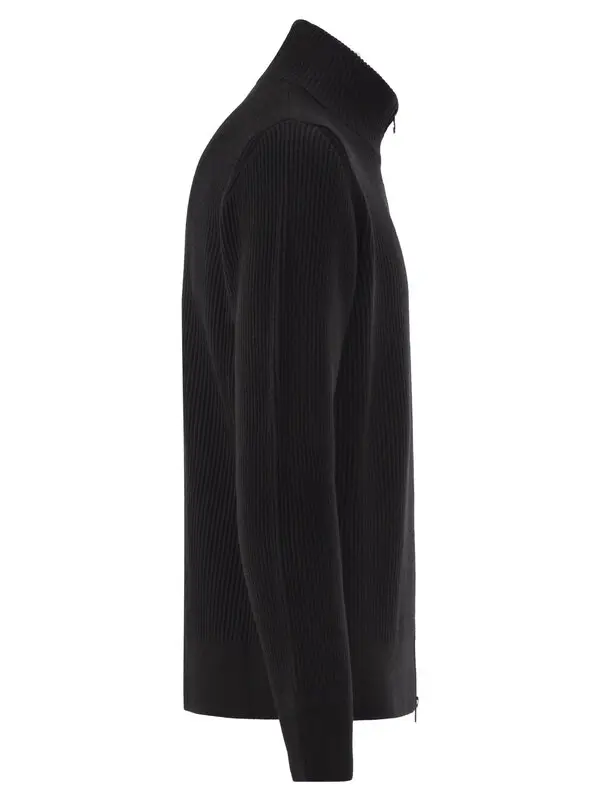 Stone Island Virgin Wool Ribbed High Neck Zip-up Cardigan - Black