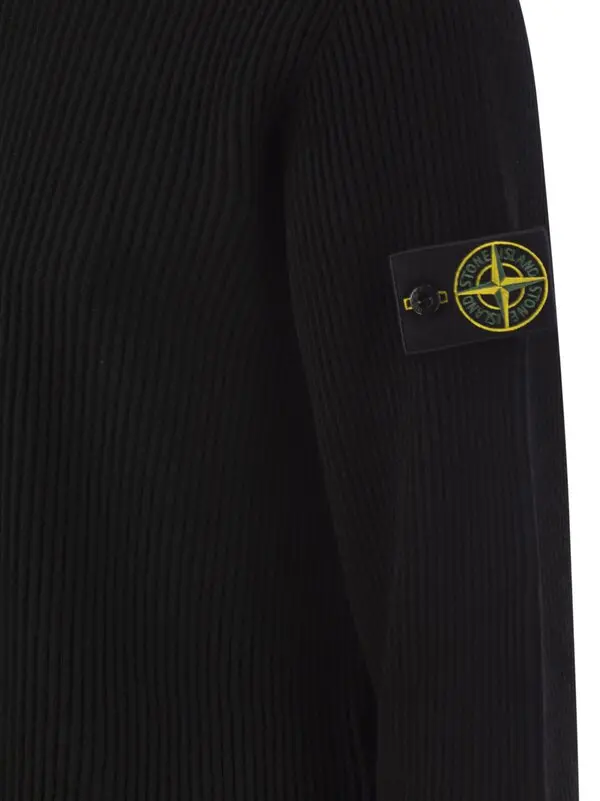 Stone Island Virgin Wool Ribbed High Neck Zip-up Cardigan - Black