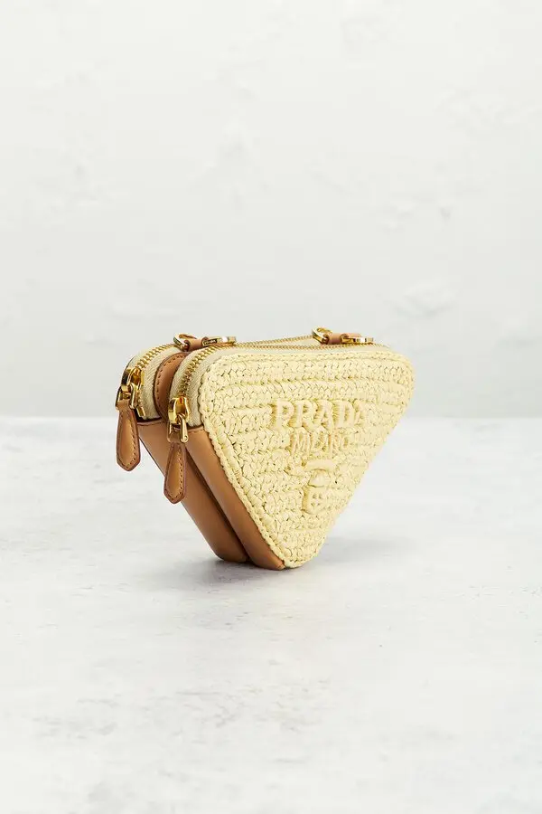 Prada Raffia Mini Triangle Shoulder Bag In Beige