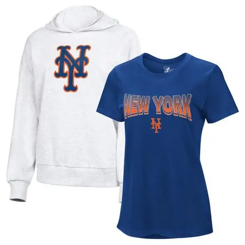 G-III 4HER BY CARL BANKS Bright Heather Ceramic New York Mets T-shirt And Hoodie Combo Pack - Royal