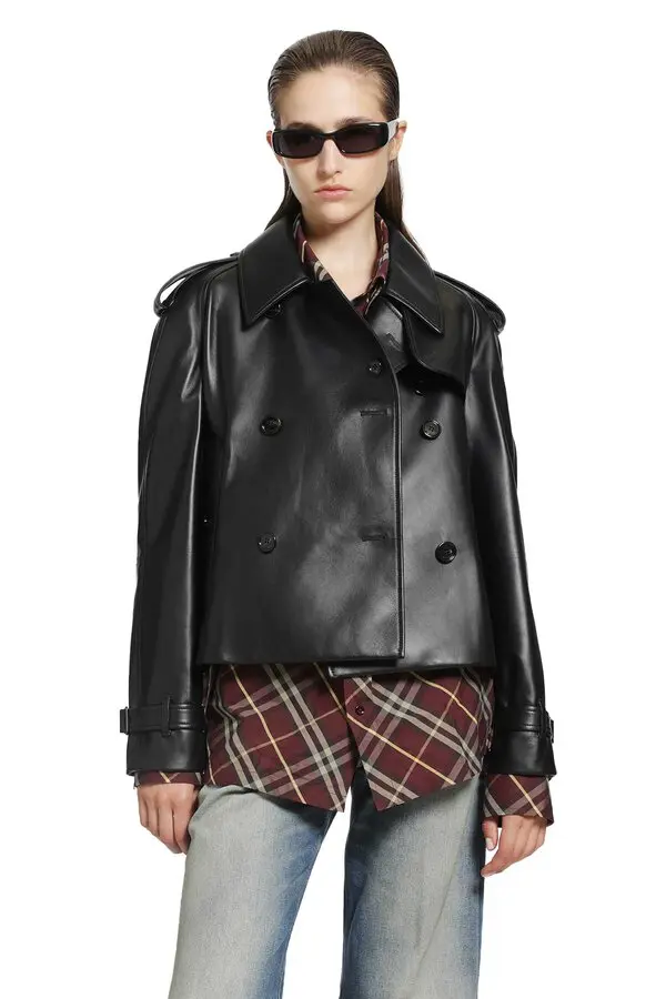 Burberry Cropped Leather Mayfair Trench Jacket - Black