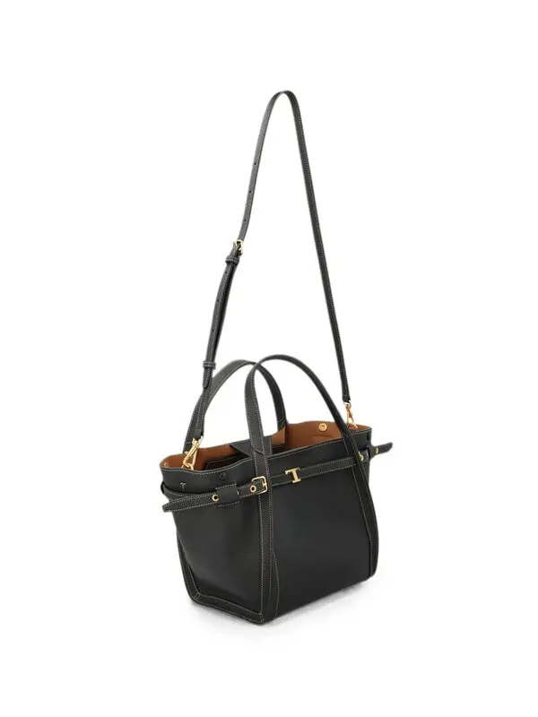 TOD'S T Signature Mini Shopping Bag In Calfskin Leather - Black