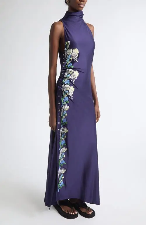 Rabanne Embroidered Mock Neck Sleeveless Satin Gown