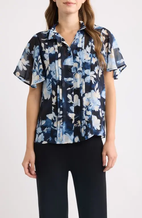 Anne Klein Pleated Floral Stand Collar Top - Dutch Blue Multi