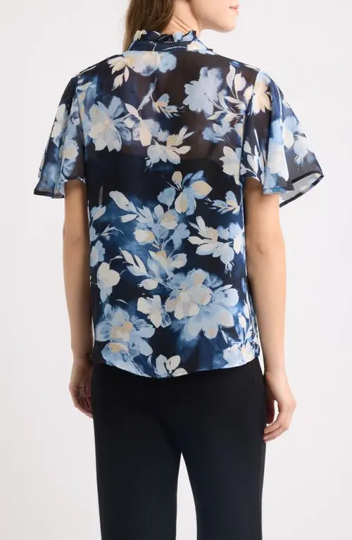 Anne Klein Pleated Floral Stand Collar Top