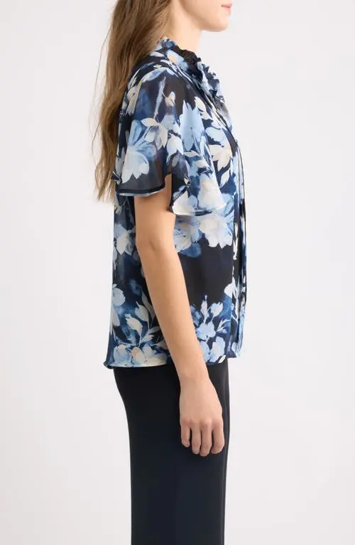 Anne Klein Pleated Floral Stand Collar Top