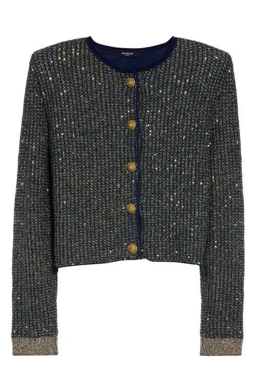 Balmain Glitter Fringe Tweed Cardigan - Sqh Navy/multi
