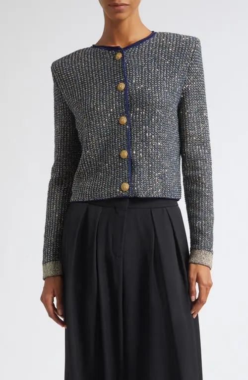 Balmain Glitter Fringe Tweed Cardigan - Sqh Navy/multi