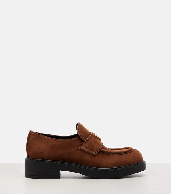 Prada Chocolate Suede Loafers With Gold Tone Hardware - Brown