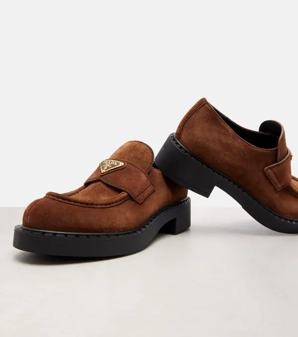 Prada Chocolate Suede Loafers With Gold Tone Hardware - Brown