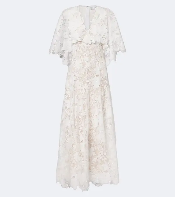 Oscar De La Renta Caped Floral Guipure Lace Gown - White