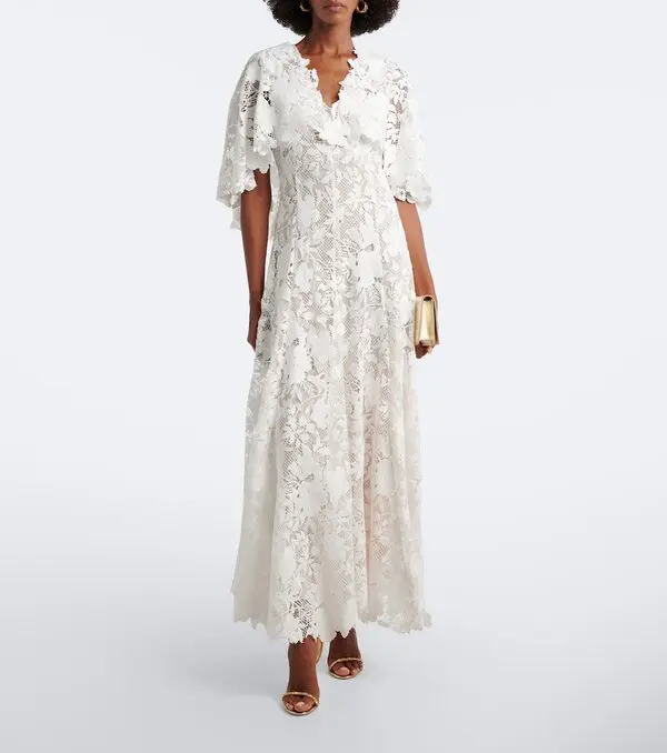 Oscar De La Renta Caped Floral Guipure Lace Gown