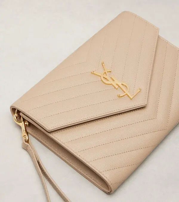 Saint Laurent Cassandre Small Matelassé Leather Clutch - Beige