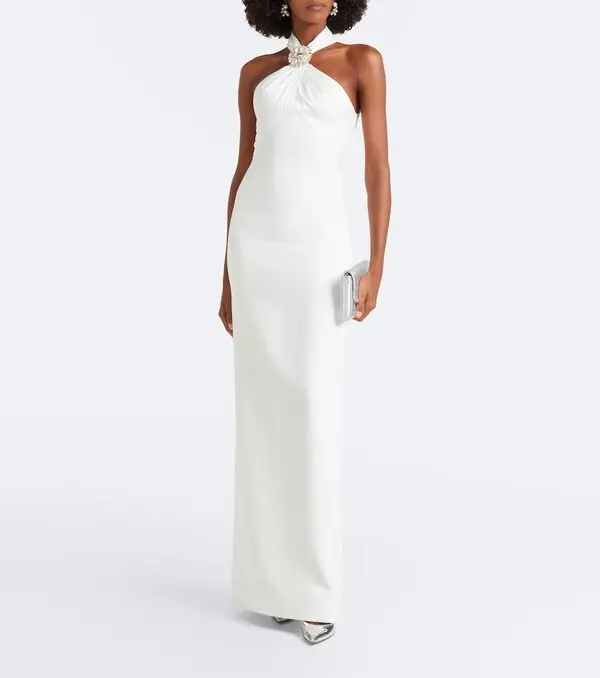 David Koma Embellished Halterneck Gown With Satin Trim - White