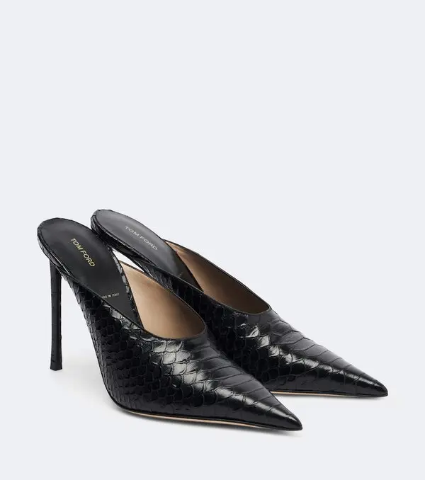 TOM FORD Snake-effect Leather Pointed Toe Mules - Black
