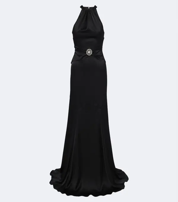 David Koma Embellished Halterneck Satin Gown - Black