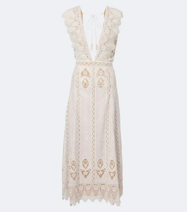 Johanna Ortiz Embroidered Crochet Midi Dress - White