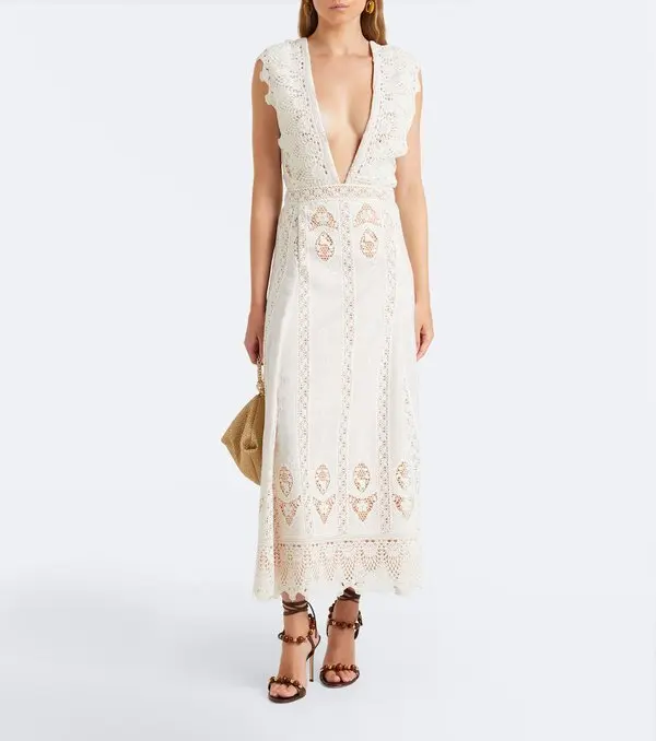 Johanna Ortiz Embroidered Crochet Midi Dress