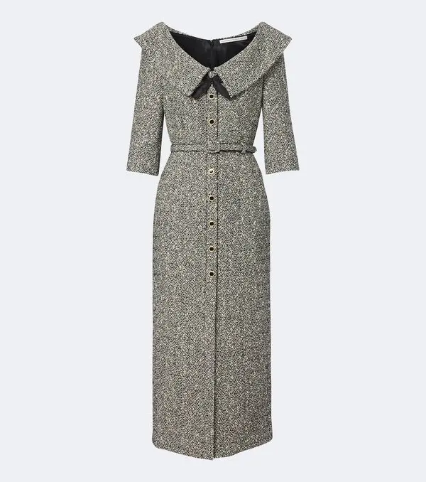 Alessandra Rich Belted Midi Dress In Melange Tweed