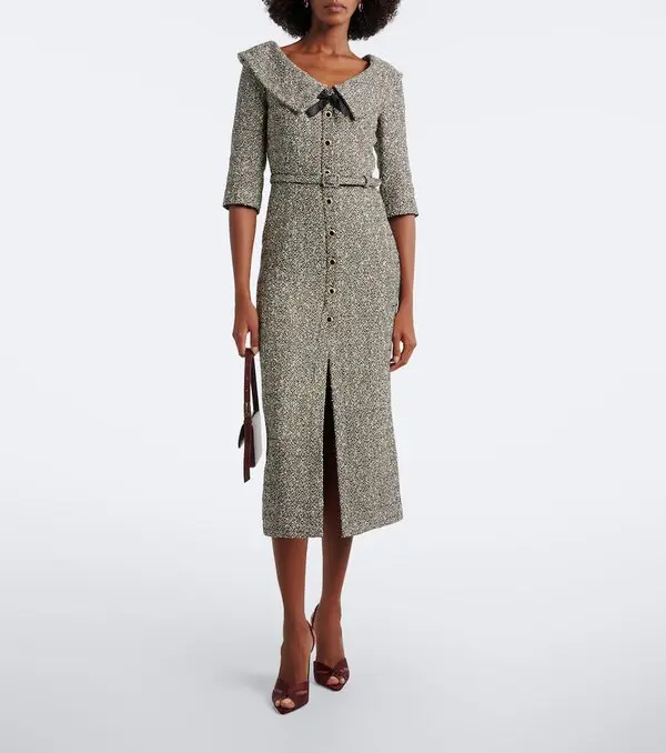 Alessandra Rich Belted Midi Dress In Melange Tweed