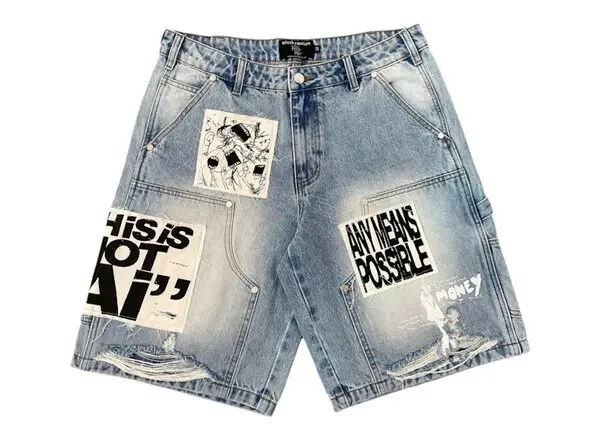 MIXED EMOTIONS Ai Denim Shorts With Graphic Appliques