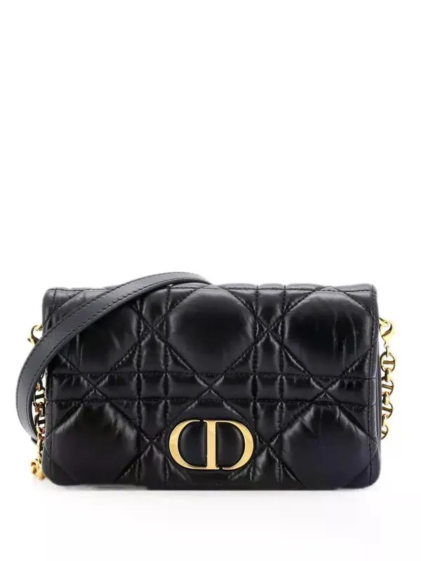 Dior Caro Flap Pouch With Chain Macrocannage Quilt Calfskin Mini Crossbody Bag - Black