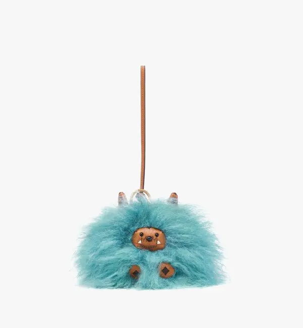 Mcm Faux Fur & Visetos Monogram Dog Charm - Blue Ceramic