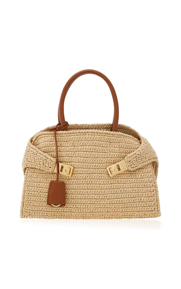FERRAGAMO Hug Small Raffia Top Handle Bag