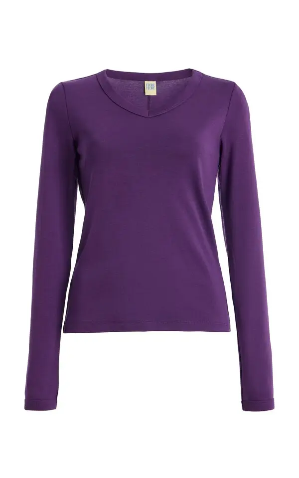 FLORE FLORE Jill Cotton V-neck Long Sleeve T-shirt - Purple