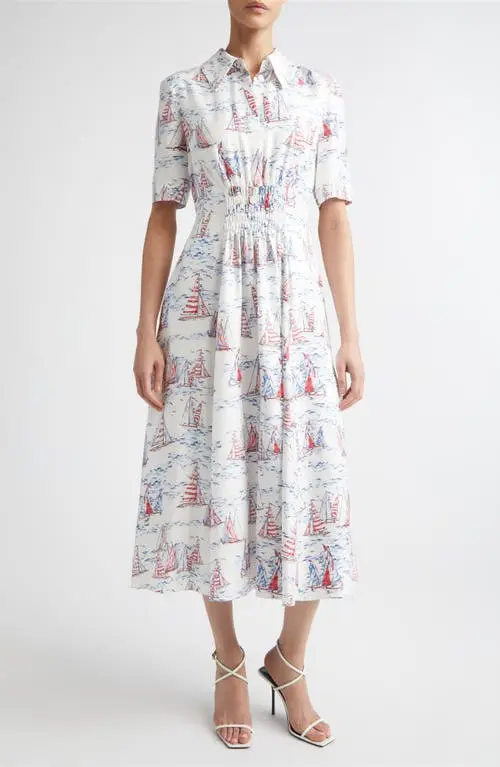 EMILIA WICKSTEAD Nautical Print Silk Midi Shirtdress - Boat Print