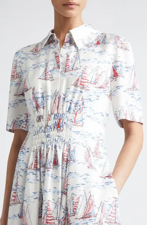 EMILIA WICKSTEAD Nautical Print Silk Midi Shirtdress - Boat Print