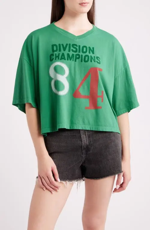 Daydreamer Division Champs V-neck Cropped Graphic T-shirt - Green Briar