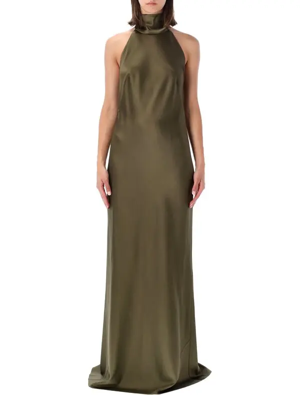 Ralph Lauren Satin Halterneck Column Evening Dress With Open Back - Cypress