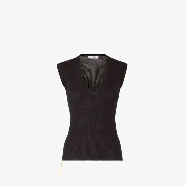 Fendi V-neck Ribbed Knit Sleeveless Top - Black