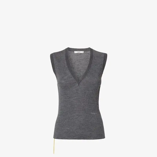 Fendi V-neck Ribbed Knit Sleeveless Top - Grey