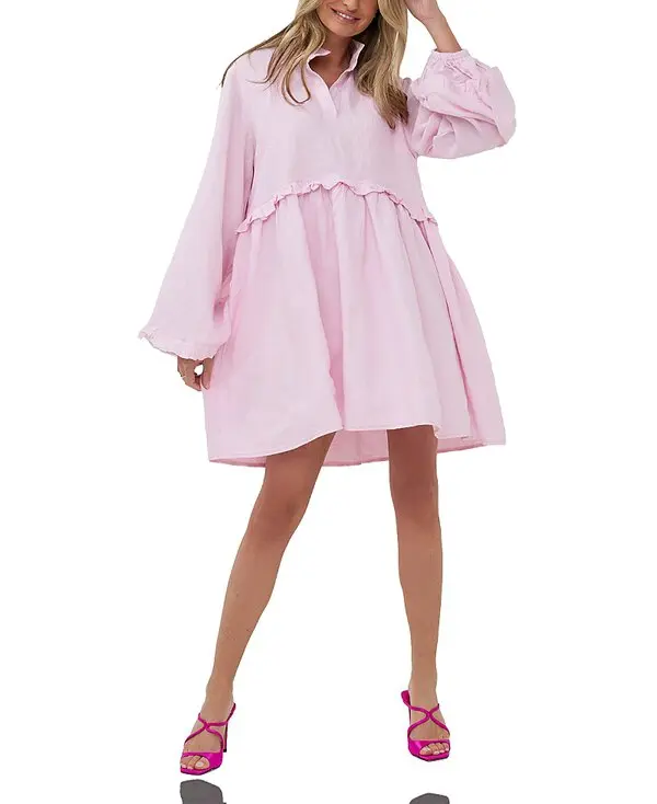 MARIELLE STOKKELAAR Blanche Linen Dress With Ruffled Sleeves - Pink