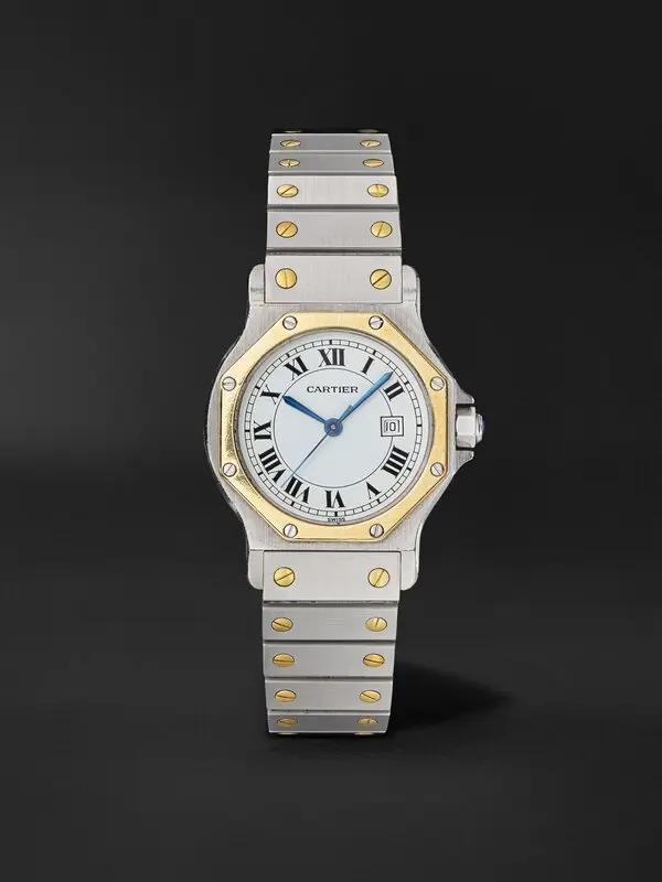 STEPHANIE WINDSOR Cartier 1980s Santos Octagon Automatic 29mm 18k Gold And Stainless Steel Watch - White