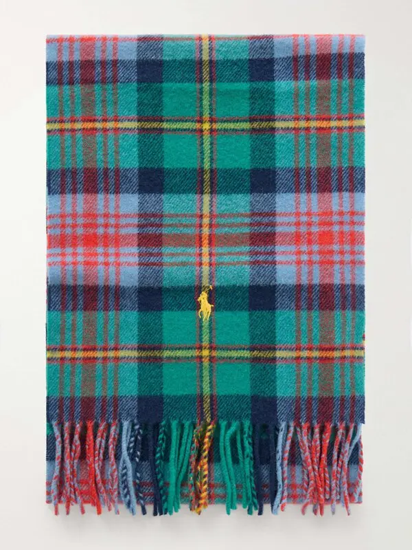 Polo Ralph Lauren Fringed Logo-embroidered Checked Recycled Wool-blend Scarf - Green