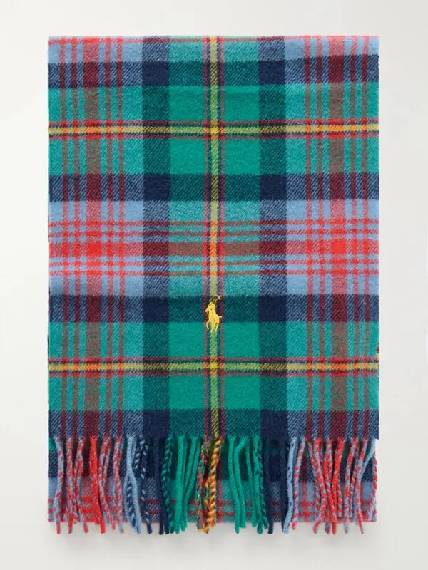 Polo Ralph Lauren Fringed Logo-embroidered Checked Recycled Wool-blend Scarf - Green