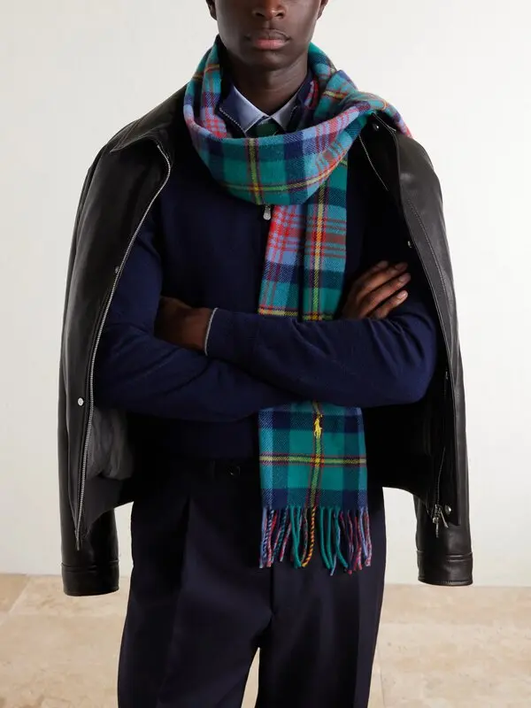 Polo Ralph Lauren Logo-embroidered Fringed Checked Recycled Wool-blend Scarf