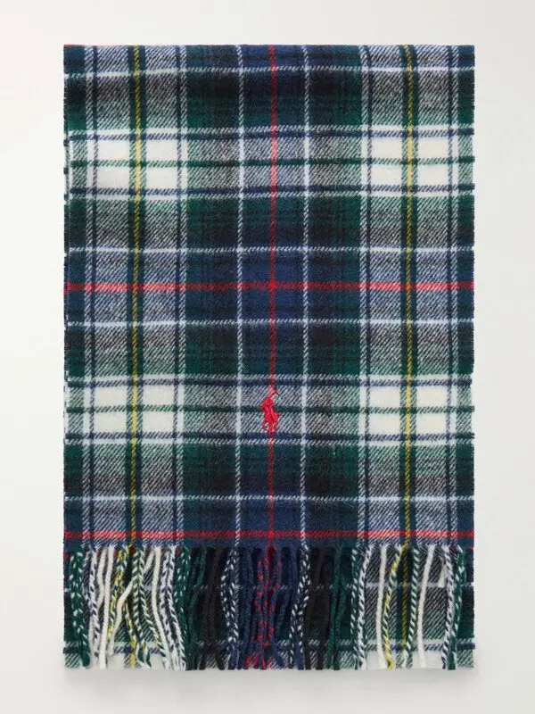 Polo Ralph Lauren Fringed Logo-embroidered Recycled Checked Wool-blend Scarf - Blue