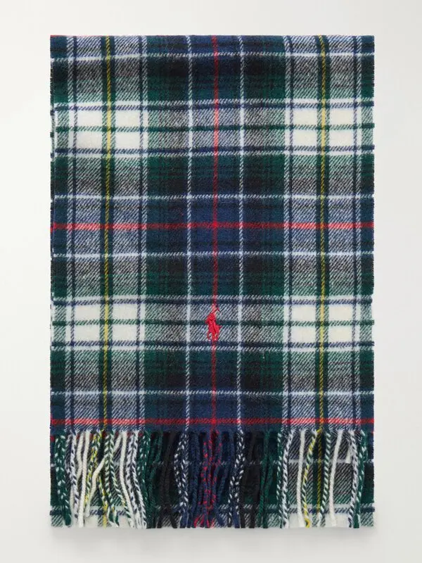Polo Ralph Lauren Fringed Logo-embroidered Recycled Checked Wool-blend Scarf - Blue