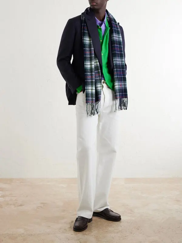 Polo Ralph Lauren Logo-embroidered Fringed Checked Recycled Wool-blend Scarf