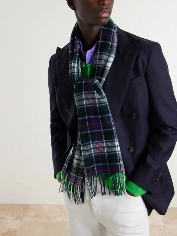 Polo Ralph Lauren Logo-embroidered Fringed Checked Recycled Wool-blend Scarf