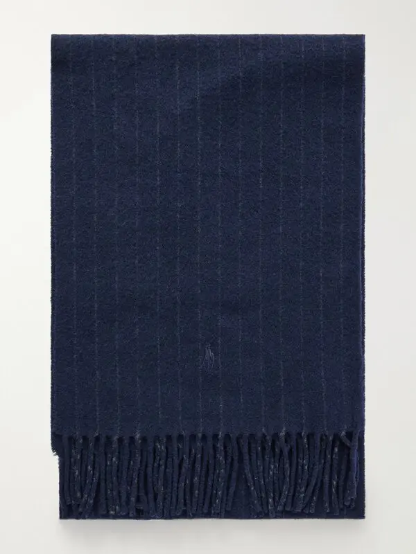 Polo Ralph Lauren Fringed Logo-embroidered Recycled Cashmere And Wool-blend Scarf - Blue