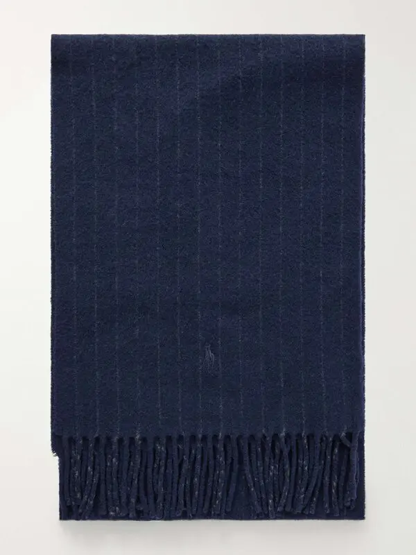 Polo Ralph Lauren Fringed Logo-embroidered Recycled Cashmere And Wool-blend Scarf - Navy