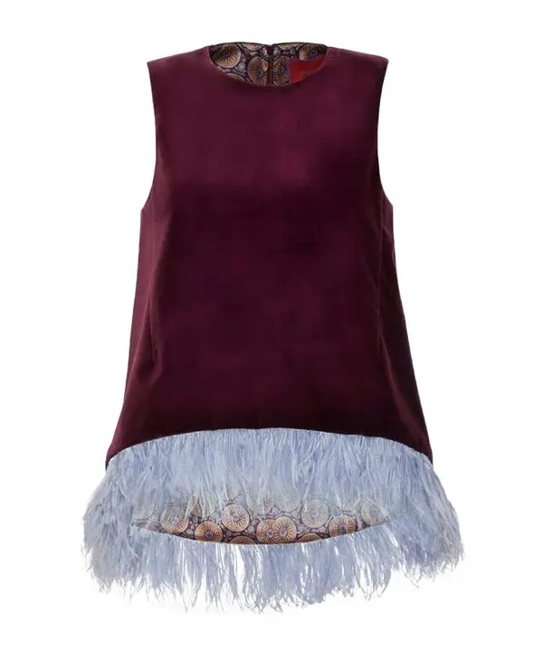 La DoubleJ La Scala" Velvet Top With Feather Trim - Brown