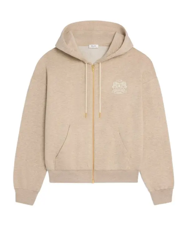 Celine Zipped Blason Hoodie In Cashmere Cotton - Beige/cream