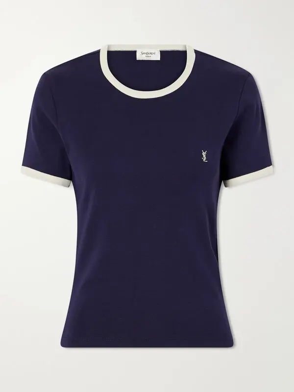 Saint Laurent Cassandre Embroidered Cotton-jersey T-shirt - Blue